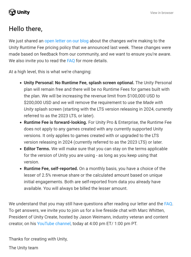 Unity Cancels the Runtime Fee and Updates Subscription Plans